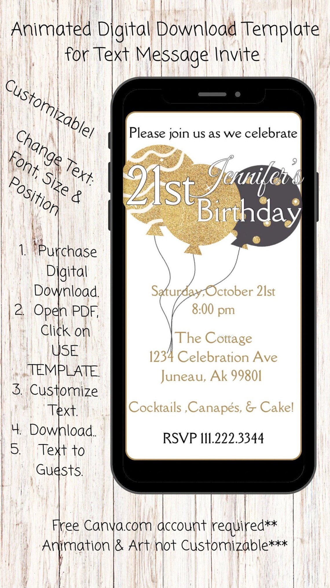 Black & Gold Birthday Digital Download Text Message Invite Template - Etsy