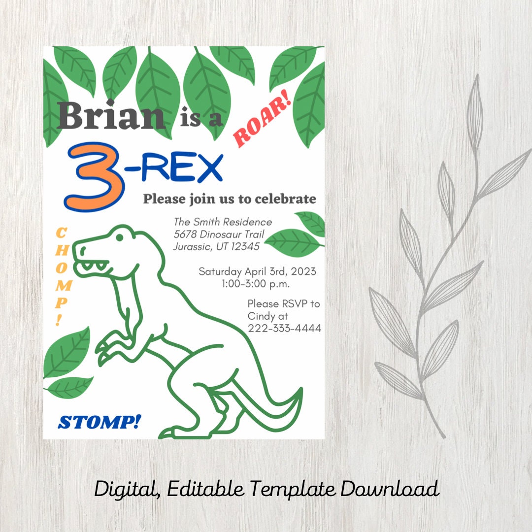 3-rex Birthday Party Invitation Template - Etsy