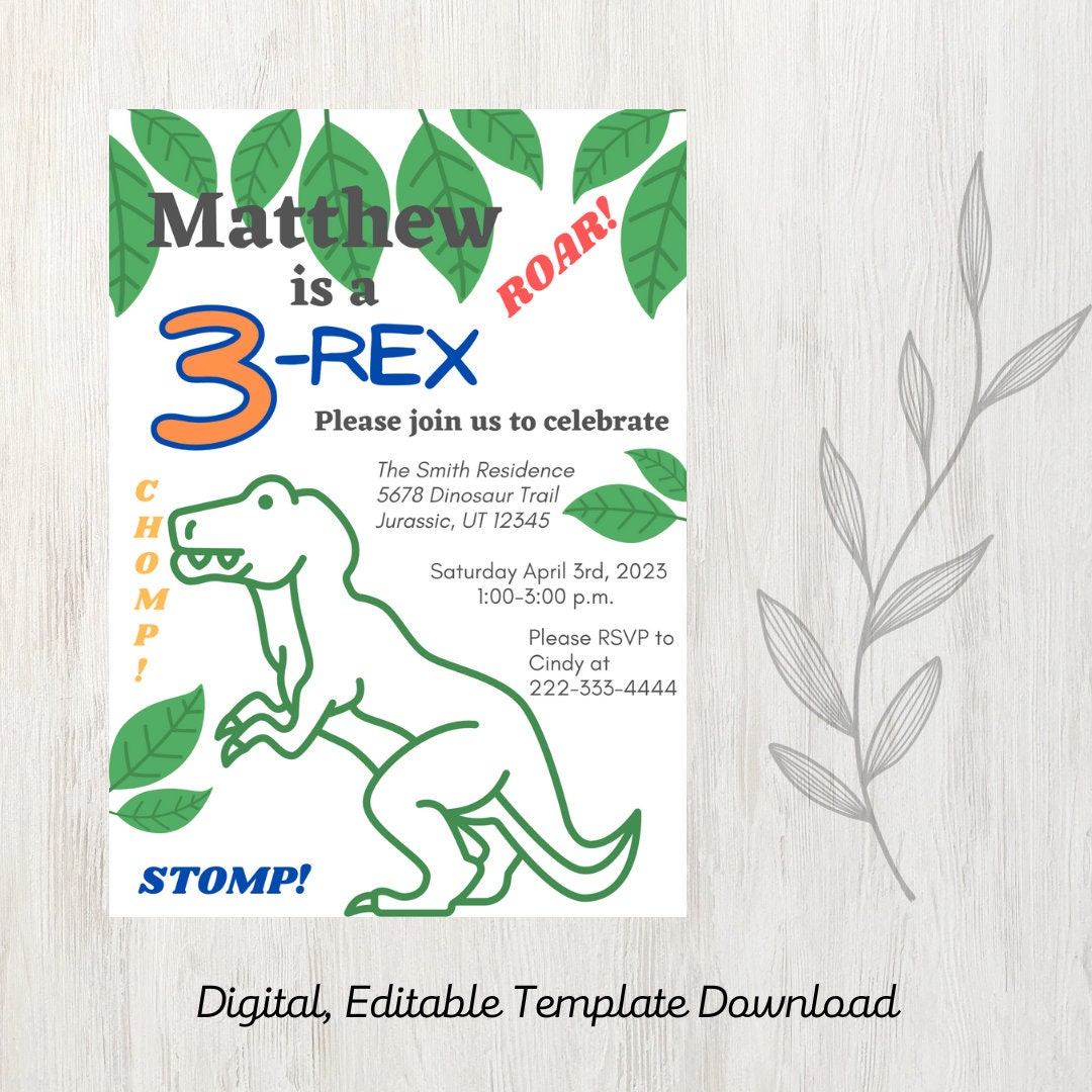 3-rex Birthday Party Invitation Template - Etsy