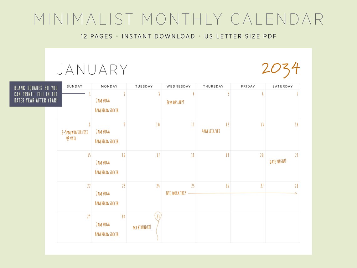 Monthly Calendar, Letter Size Printable Calendar, Evergreen Calendar - Etsy