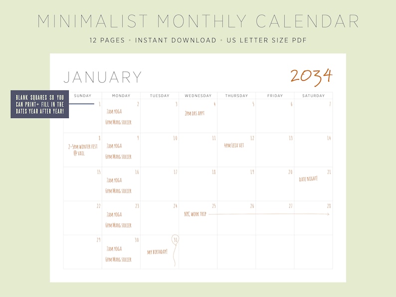 Monthly Calendar, Letter Size Printable Calendar, Evergreen Calendar - Etsy