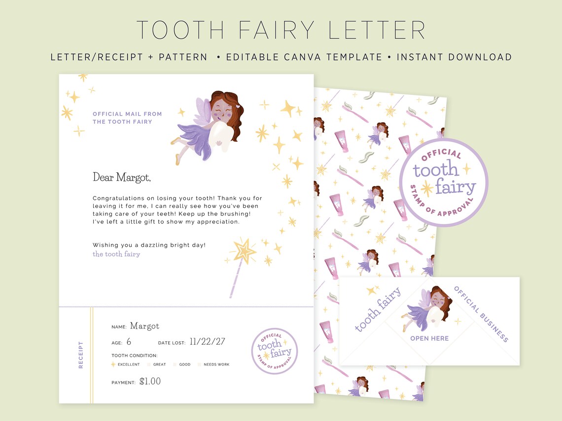 Tooth Fairy Letter Canva Template With Receipt Foldable Origami ...