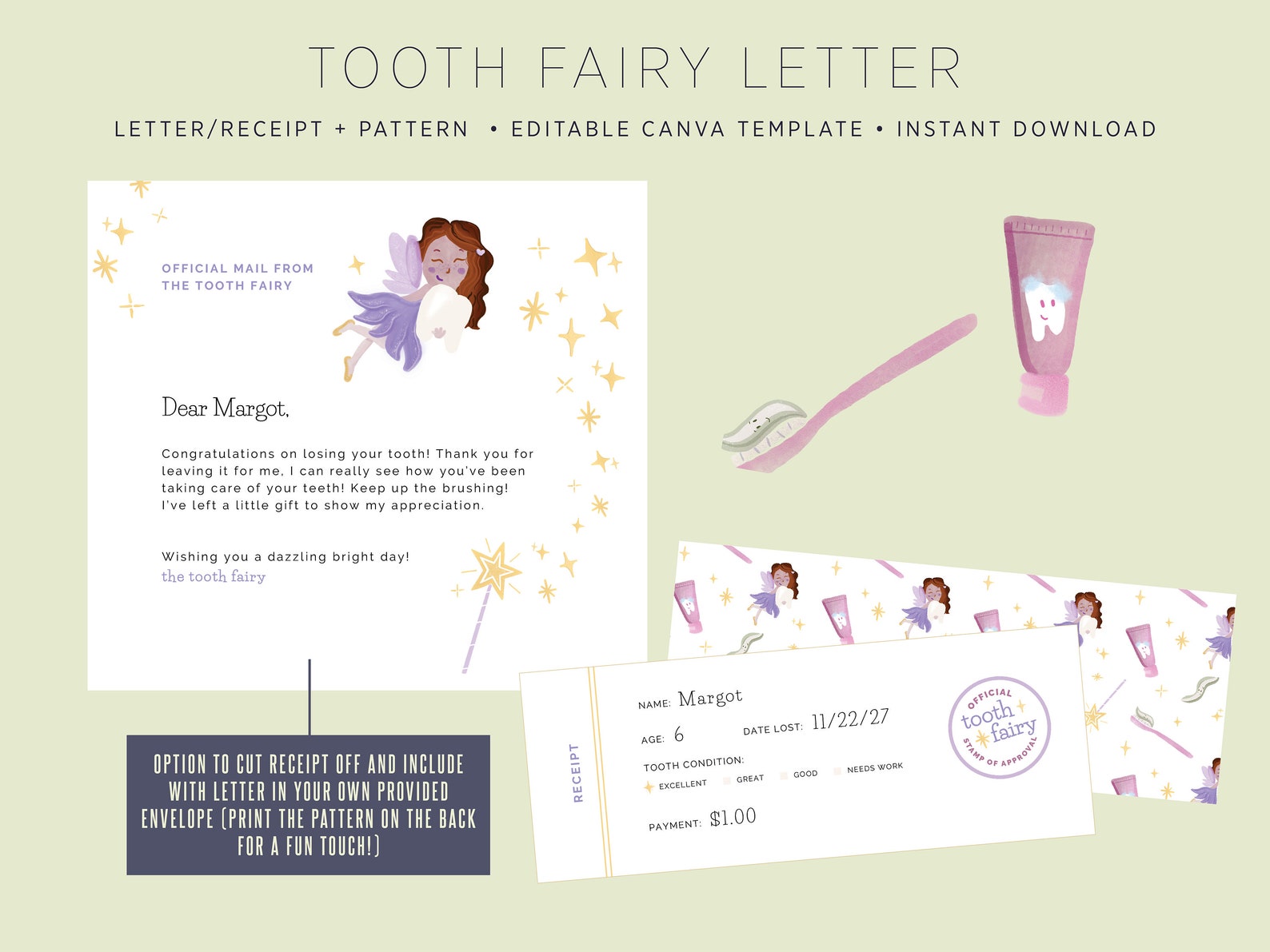 Tooth Fairy Letter Canva Template With Receipt Foldable Origami ...