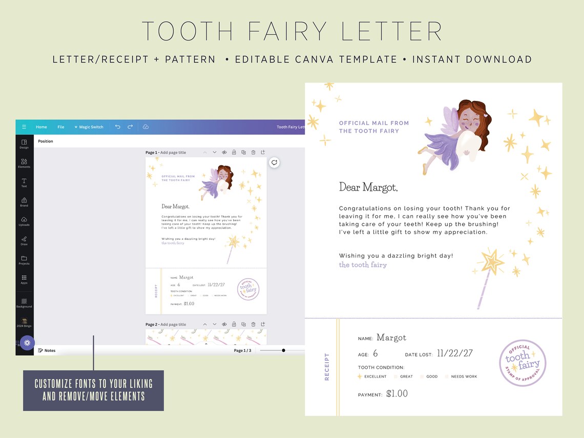 Tooth Fairy Letter Canva Template With Receipt Foldable Origami ...