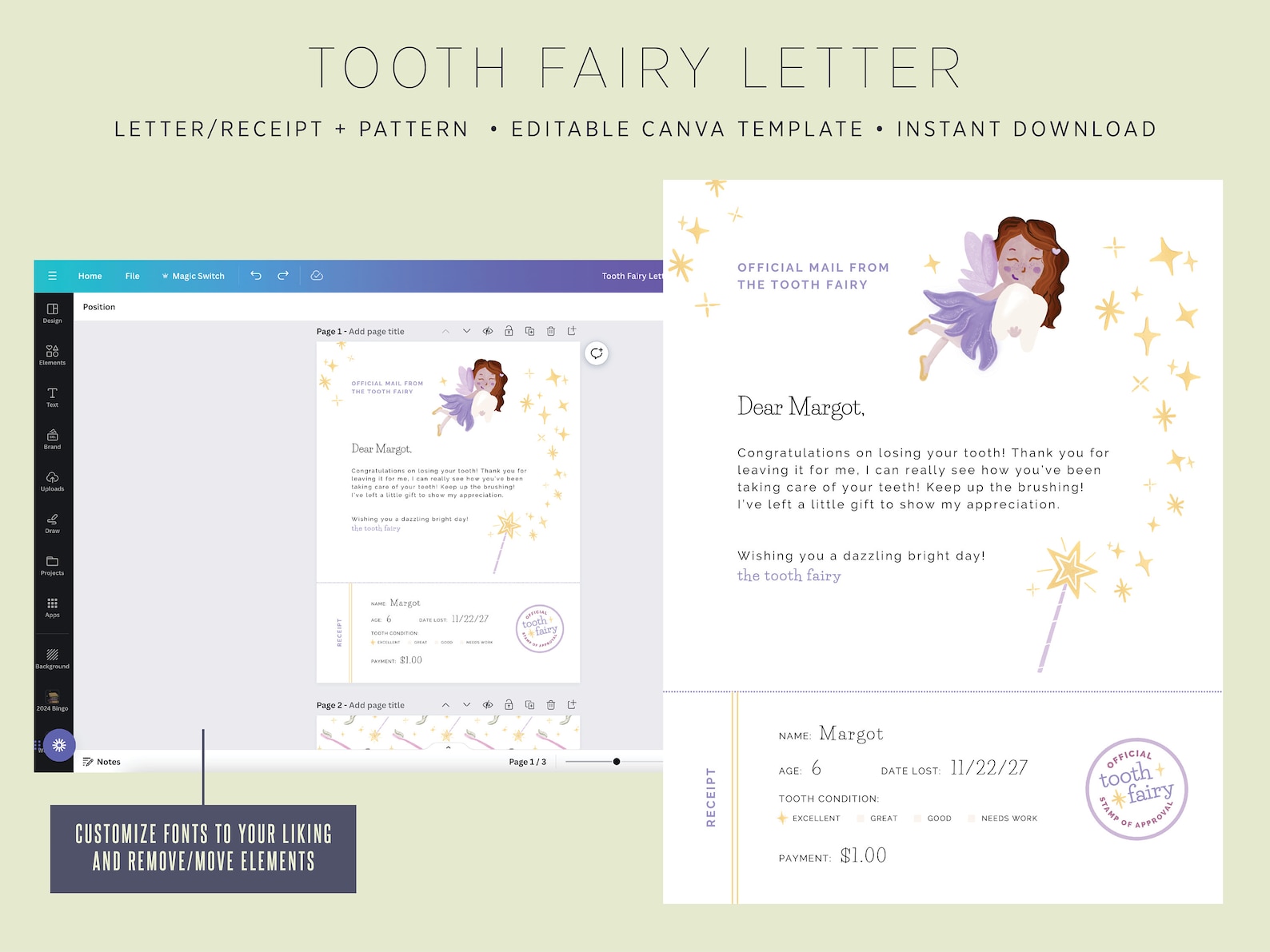 Tooth Fairy Letter Canva Template With Receipt Foldable Origami ...