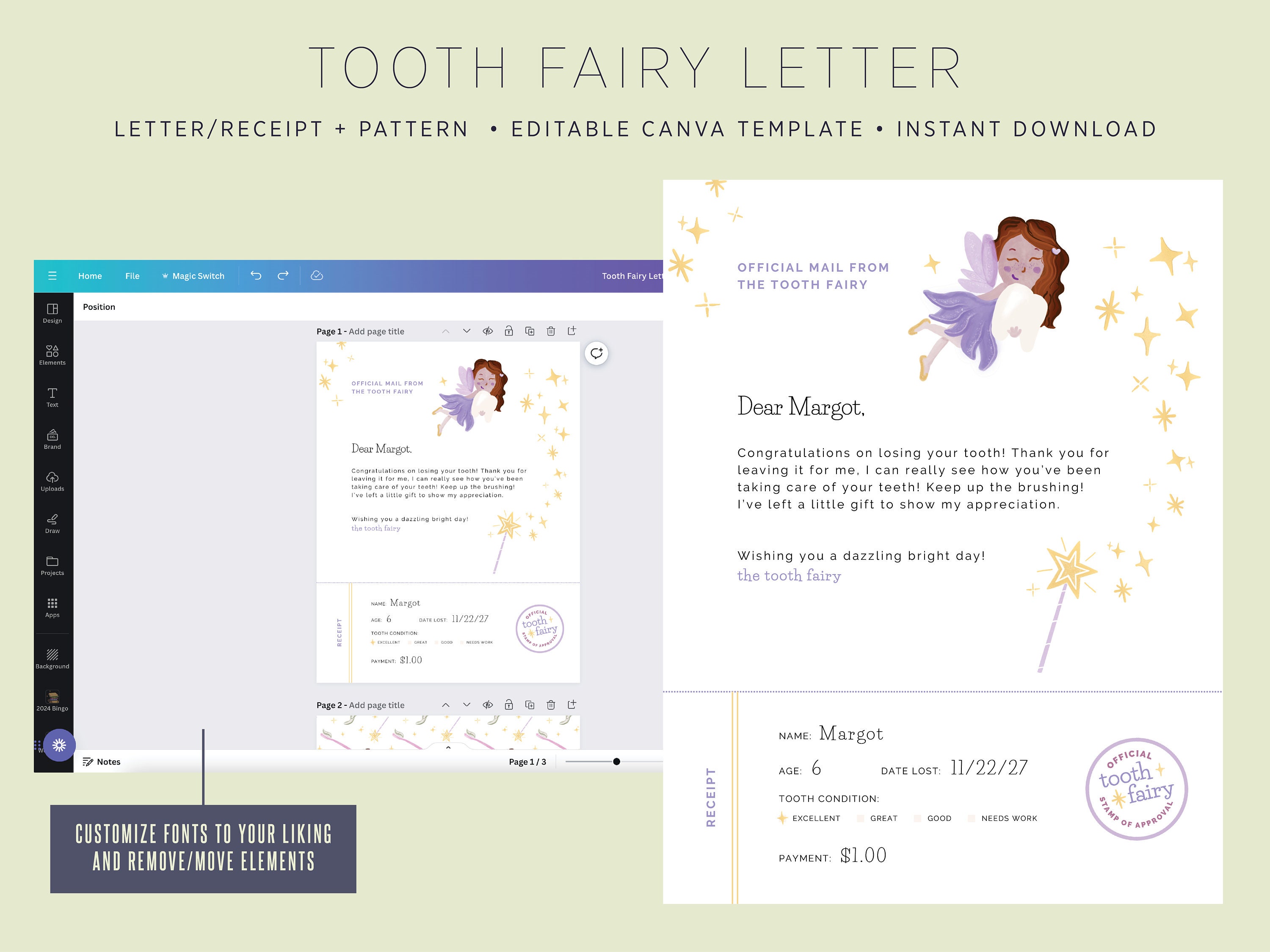 Tooth Fairy Letter Canva Template With Receipt Foldable Origami ...