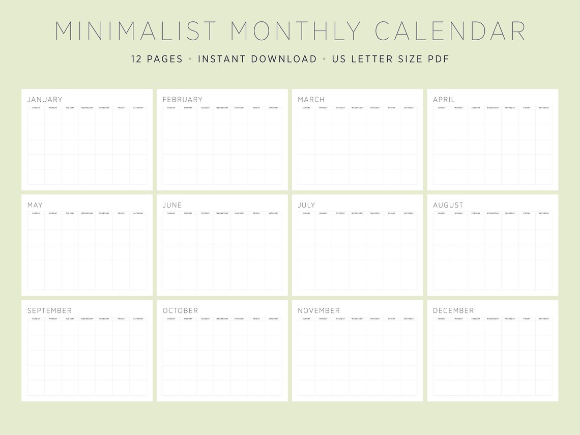 Monthly Calendar, Letter Size Printable Calendar, Evergreen Calendar - Etsy