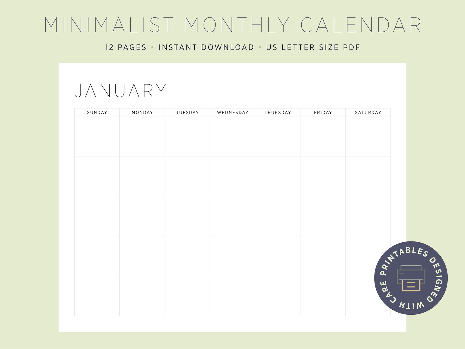 Monthly Calendar, Letter Size Printable Calendar, Evergreen Calendar - Etsy