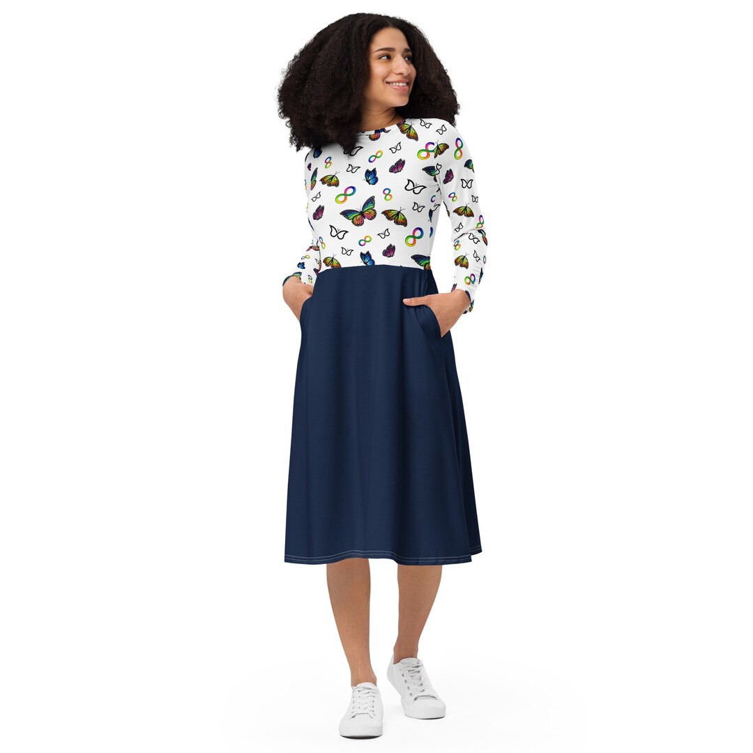 Neurodiversity Long Sleeve Midi Dress With Navy ADHD and ASD Awareness ...