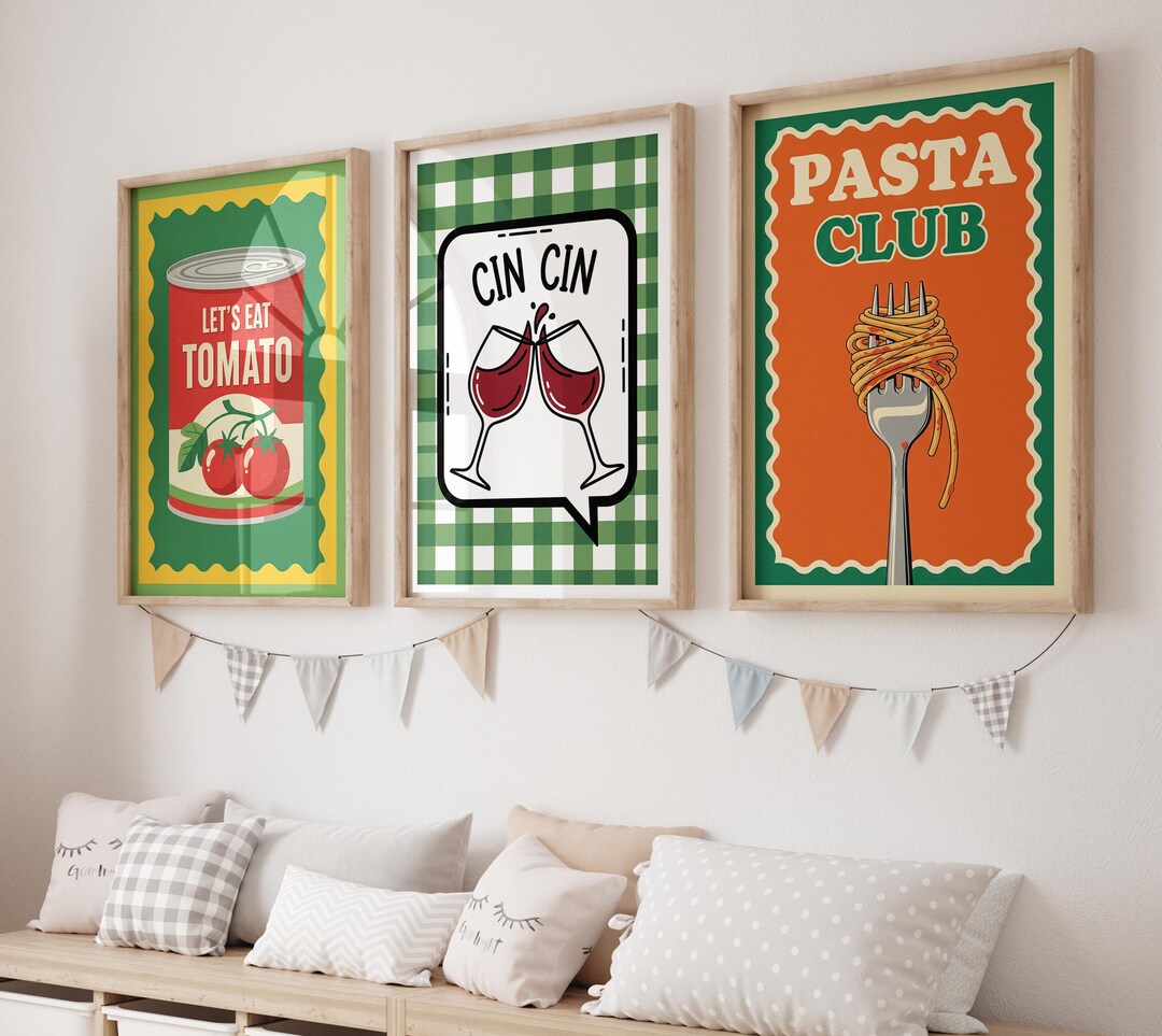 Retro Italian Kitchen Poster Set – Pasta Club, Cin Cin Wine & Tomato ...