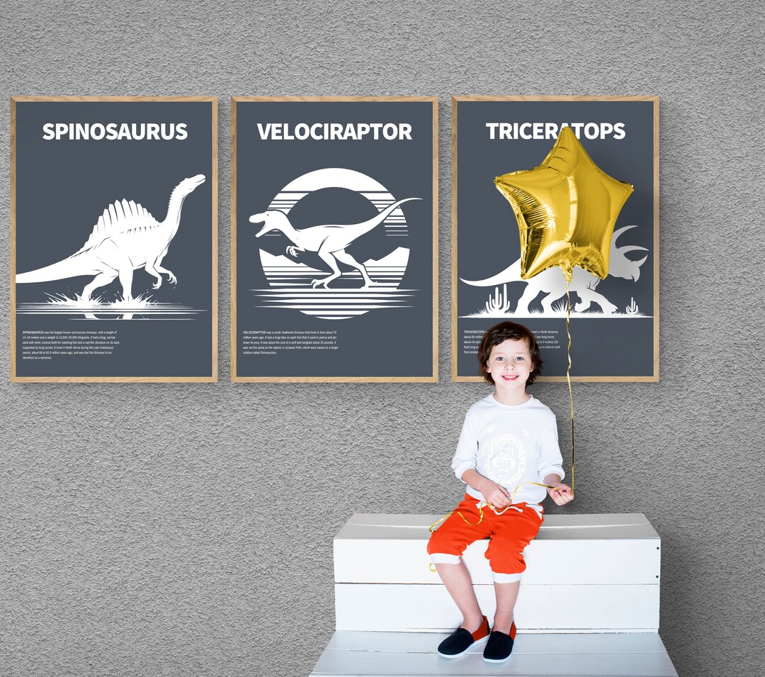 Set of 3 Dino Room Decor, Dinosaur Poster, Velociraptor Poster ...