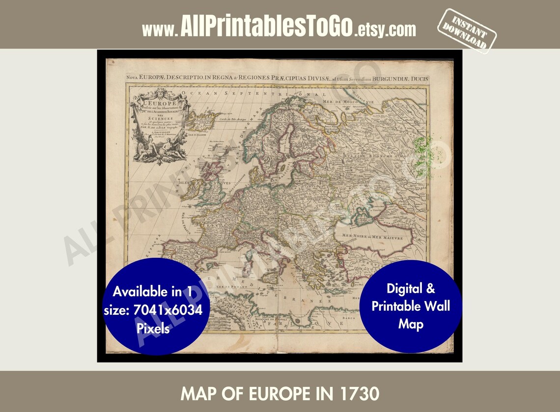 Printable Map of Europe Ca. 1730, Historical Map of Europe, Printable Wall Map, Downloadable ...