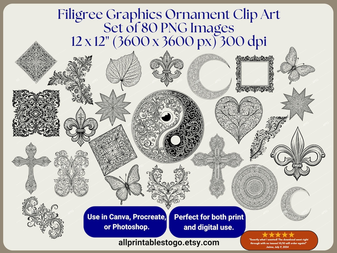 80 Filigree Ornament Clip Art: PNG SVG, Hearts, Moons (digital Download ...