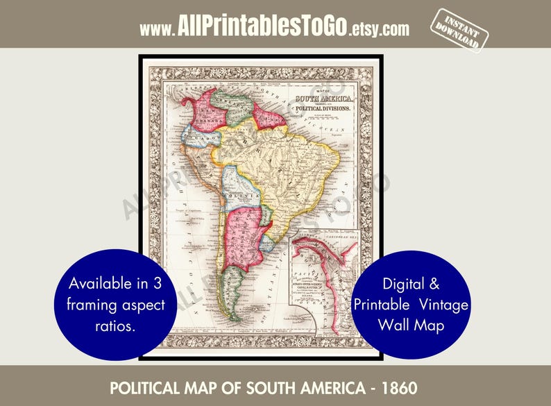 Printable Map of South America From 1860, Cartographic Decor, High ...