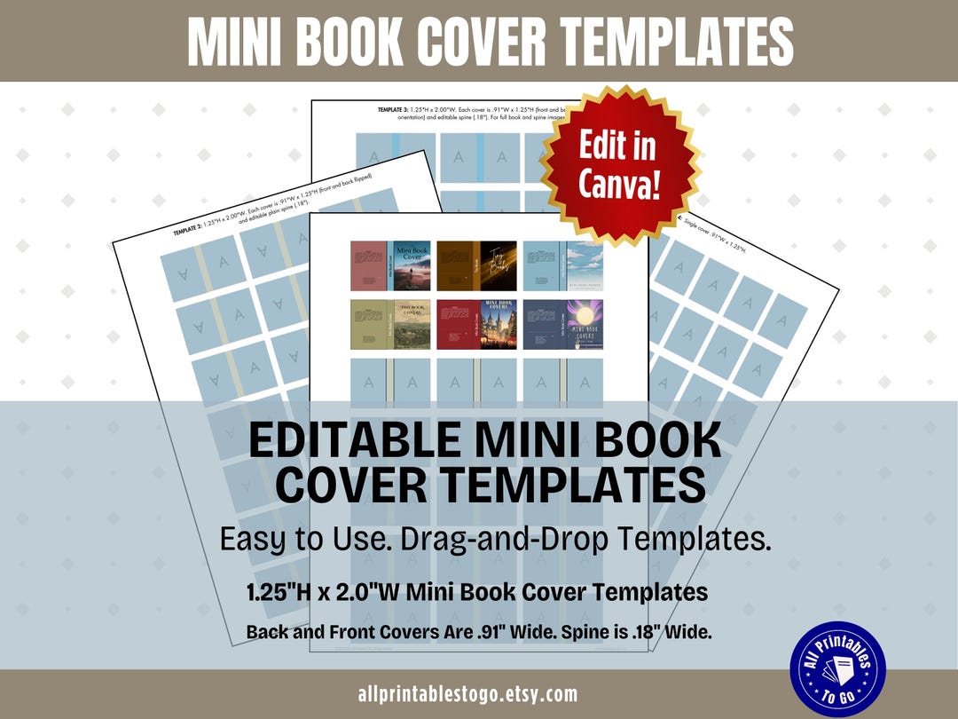 Mini Book Cover Templates (1.25"h X 2.0"h), Canva Editable, DIY Tiny ...