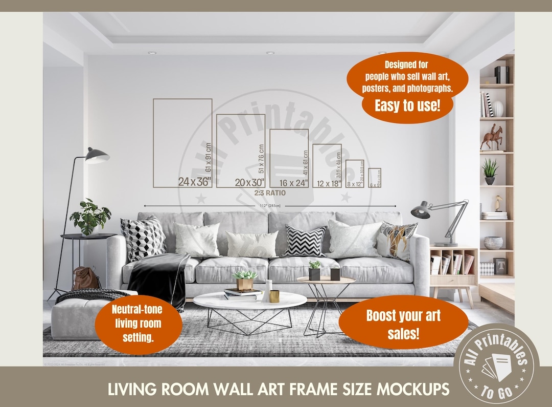 Wall Art Size Guide Mockups: Living Room Frame Ratio Chart (PDF & JPEG ...