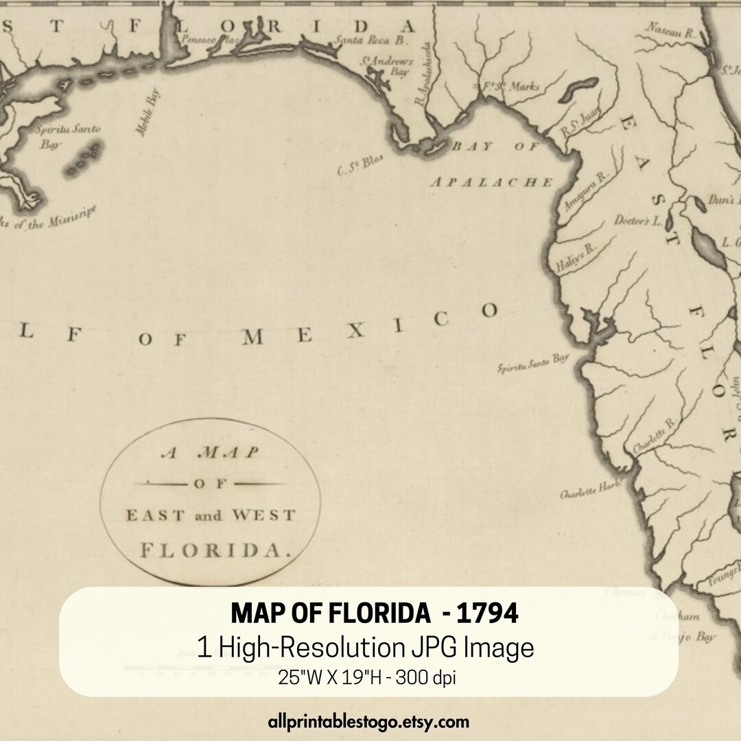 1794 Map of Florida: Historical Southern US Colony Print (digital ...