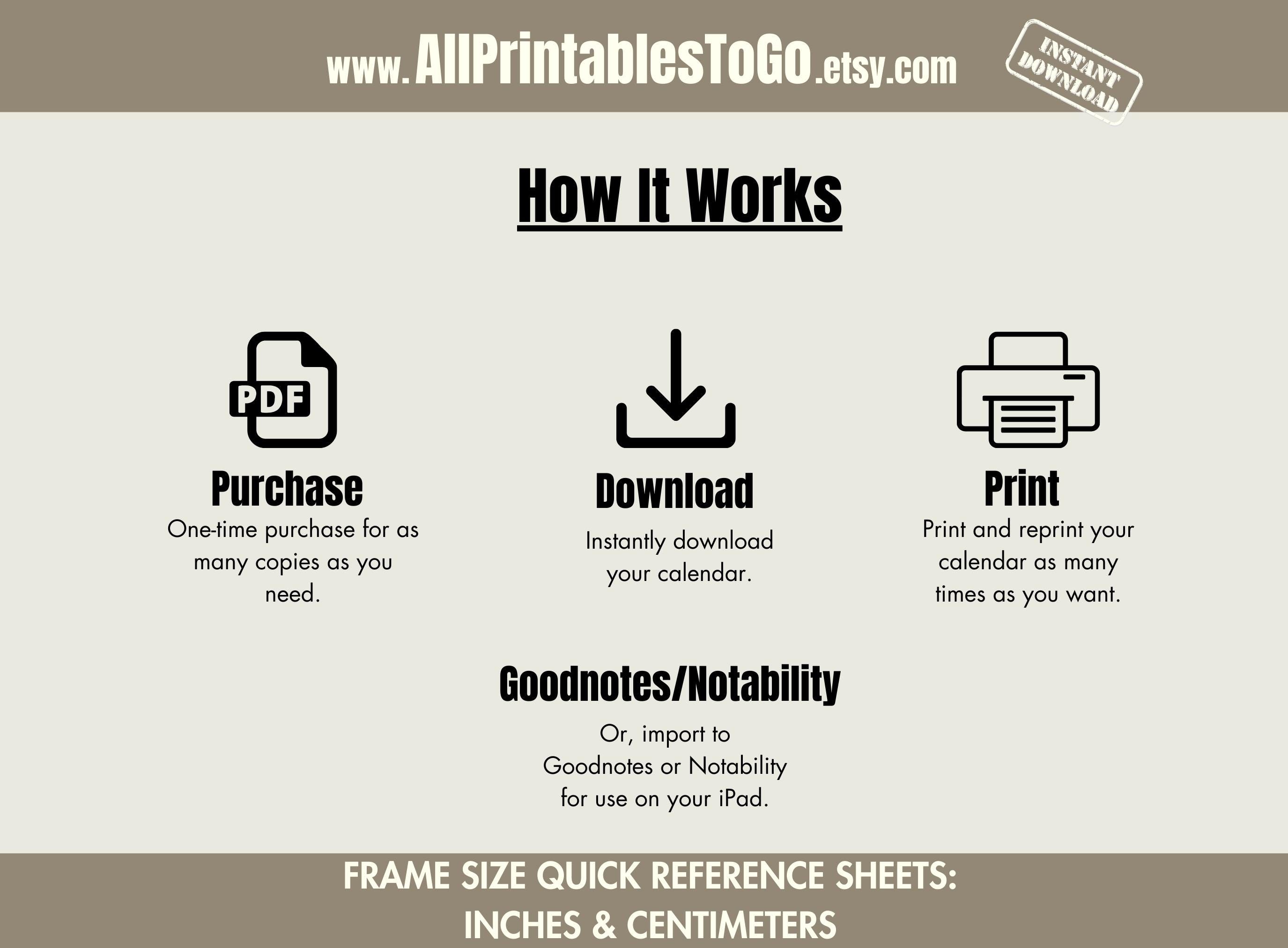 Printable Wall Art Frame Sizes Quick Reference Sheets for Inch to ...