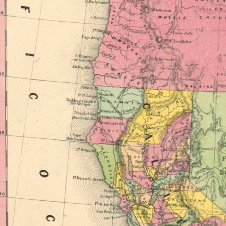 Mapa imprimible de California, Oregón, Utah y Nuevo México de 1850 ...