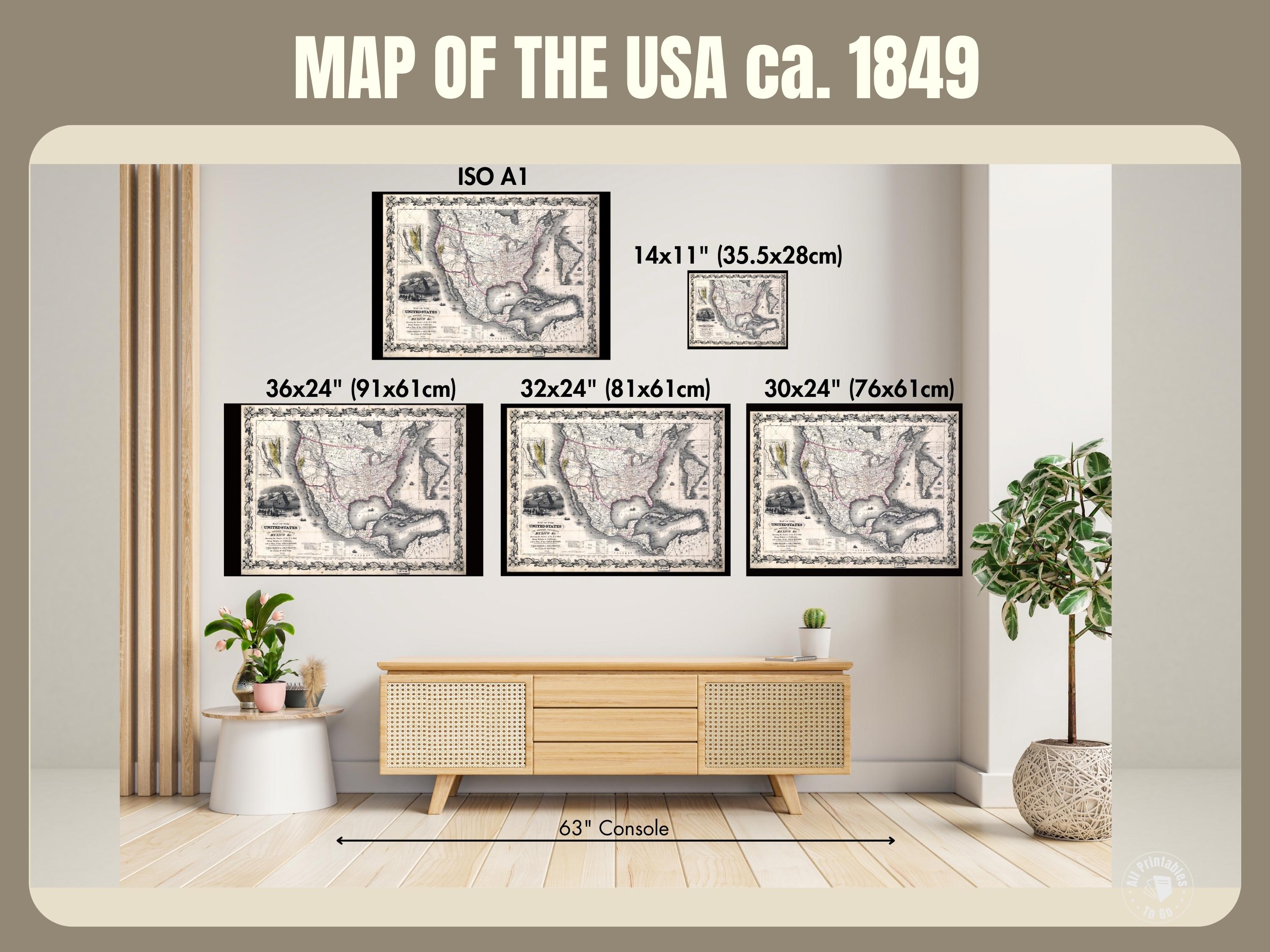 Printable Map of the United States of America Ca. 1849, Historical USA ...