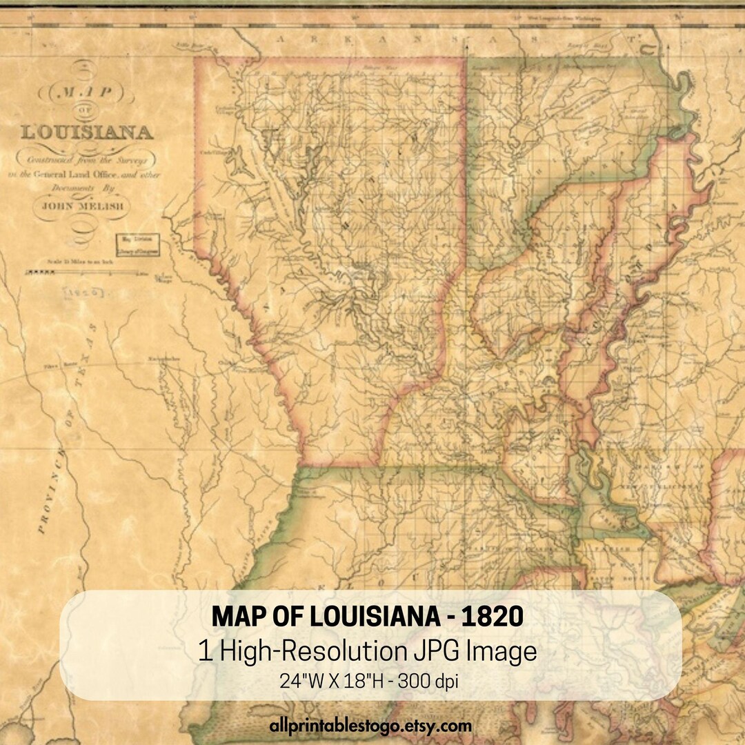 1820 Louisiana Map: Historical Southern US State Art (24x18" JPEG File ...
