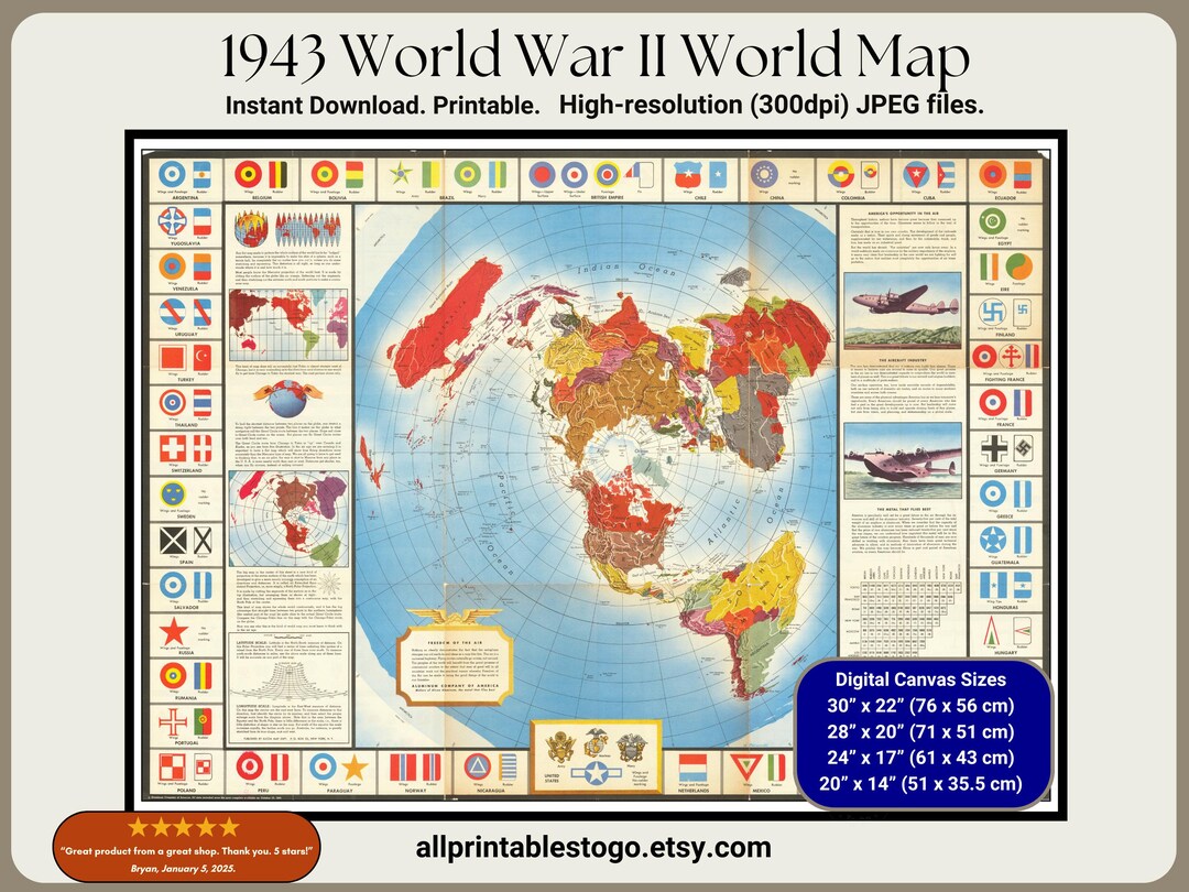 1943 WWII Aviation Map: Azimuthal Projection, Air Force Emblems ...