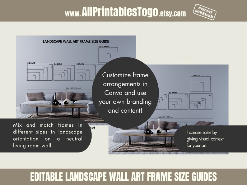 Editable Wall Art Size Guide: Horizontal Frame Mockups (canva Template ...