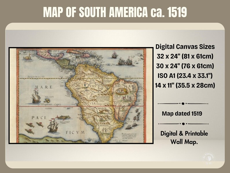 Printable 1519 Map of South America, World Atlas, Digital Antique Map ...