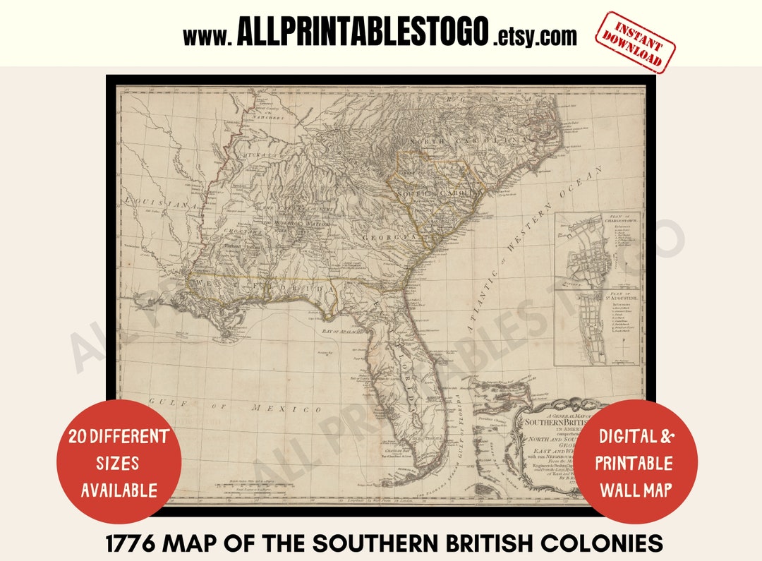 1776 Southern British Colonies Map Old USA Map US Colonies Map ...