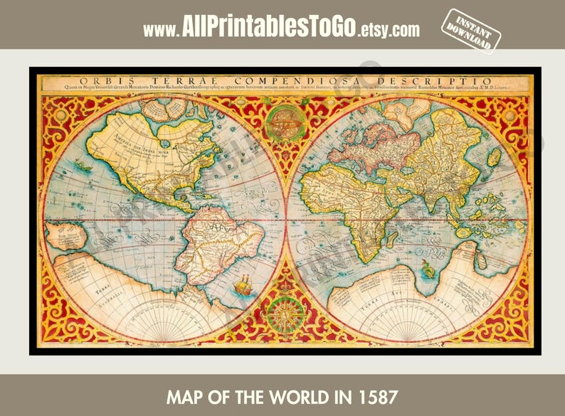 1587 Antique World Map Printable: Vintage Nautical Decor (digital ...