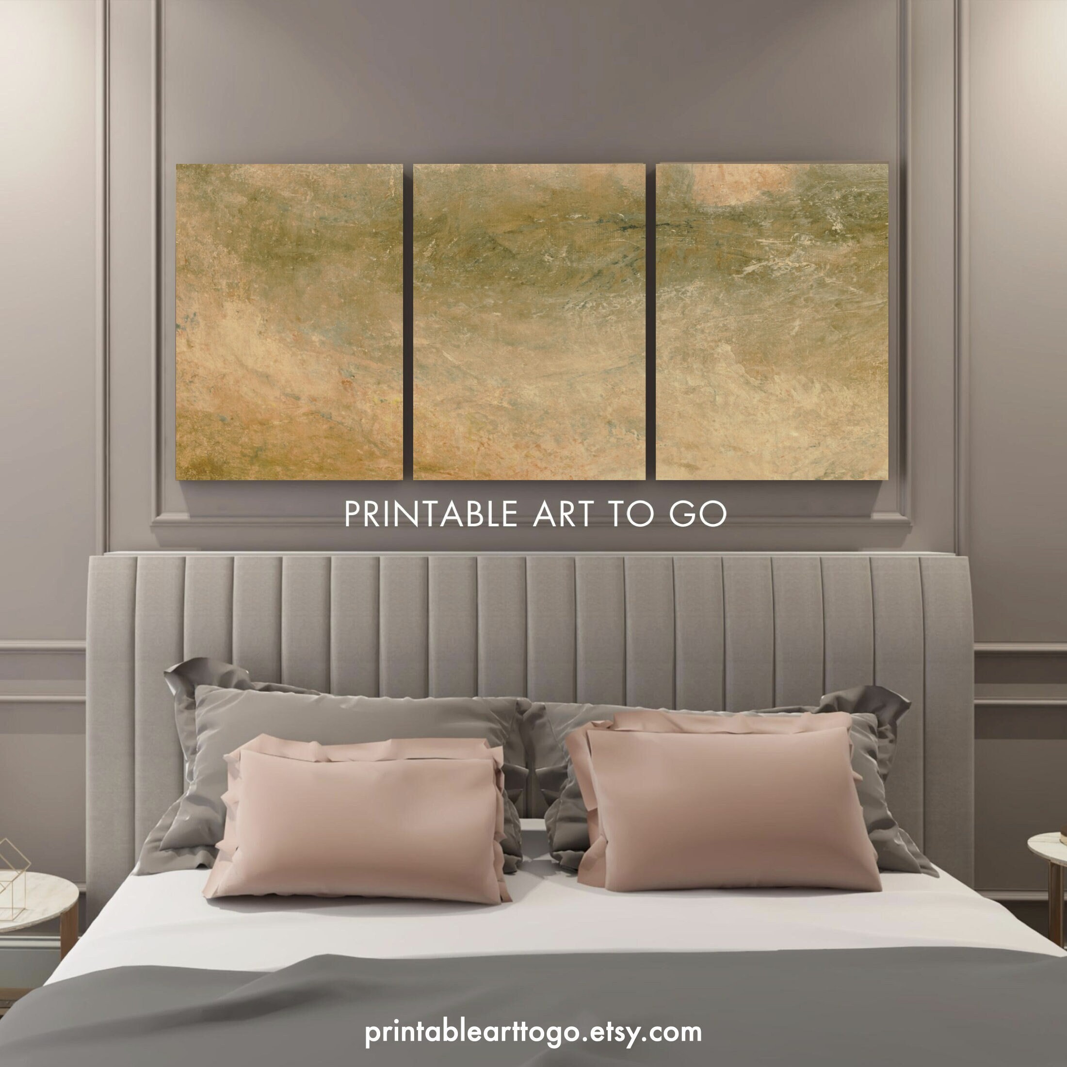 Printable Abstract 3-panel Wall Art Set, Gold Green Panels, Digital ...