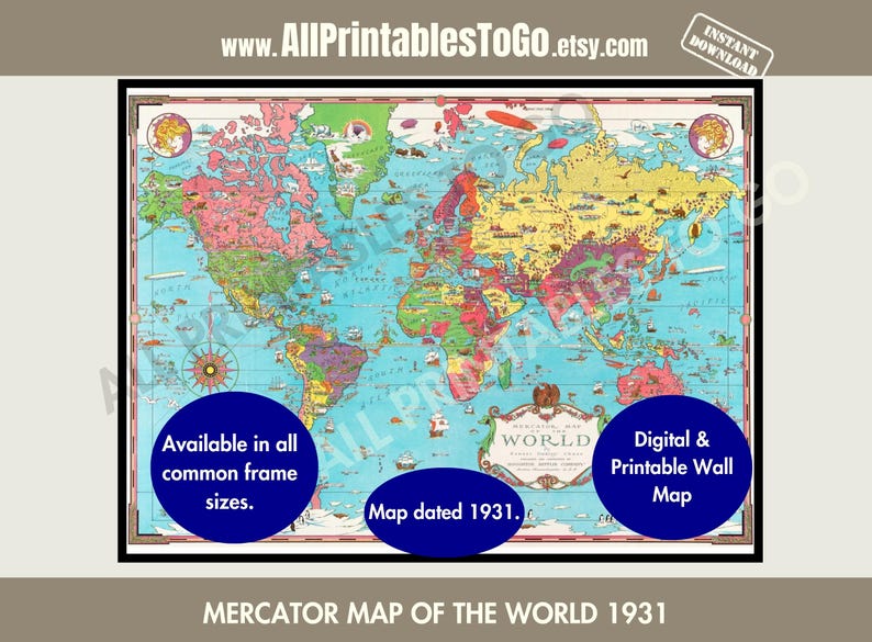 Printable Mercator Map of the World Ca. 1931; Downloadable Wall Map; Wall Map Decor; World Maps ...