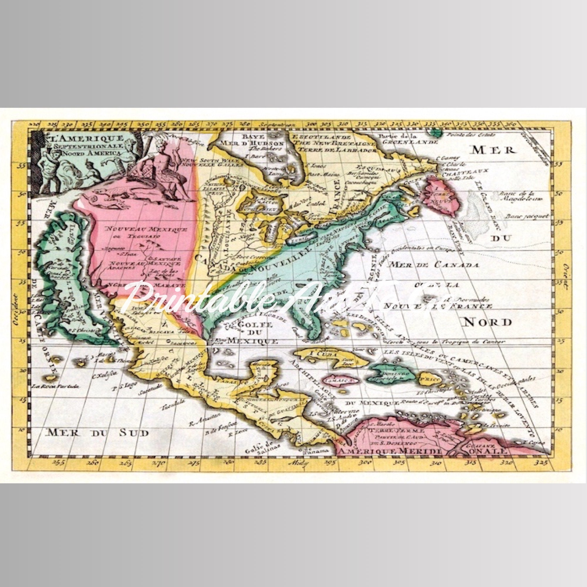 Printable 1735 Map of North America Colorful Old Maps Downloadable ...