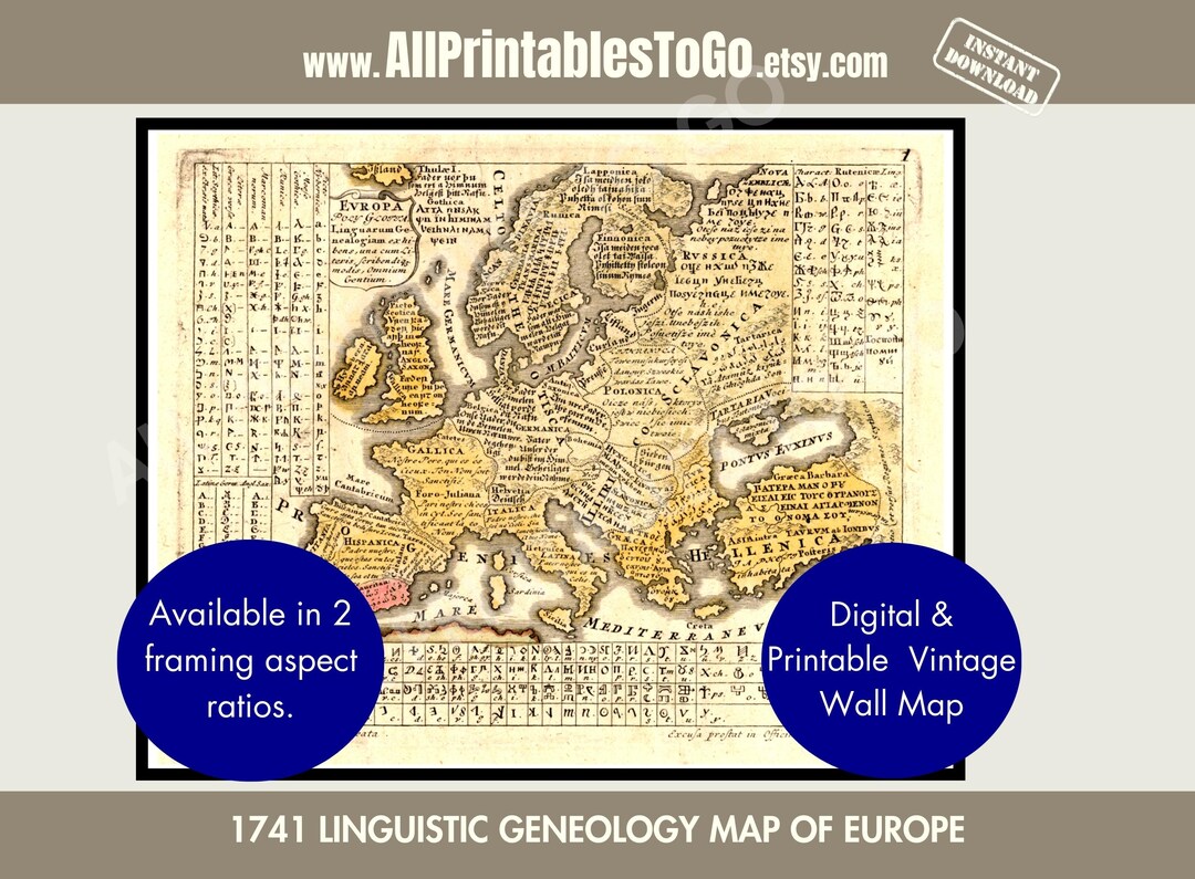 1741 Linguistic Map of Europe: Vintage Historical Print (digital ...