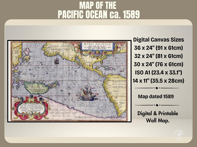 Printable 16th Century Map of the Pacific Ocean Ca. 1589 by Abraham ...