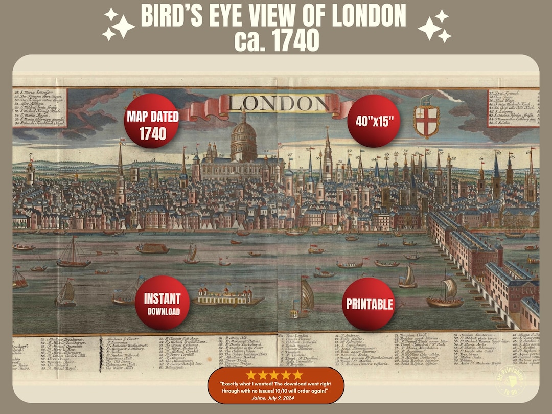 Printable Bird's Eye View of London Ca. 1740, Historical Map of London ...