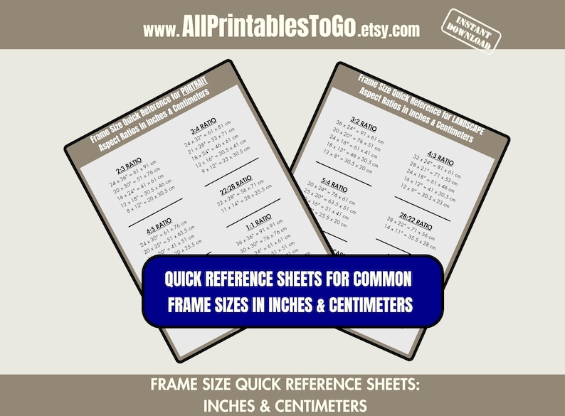 Frame Size Chart, Inch to Centimeter Conversion (PDF, PNG, JPEG) - Etsy