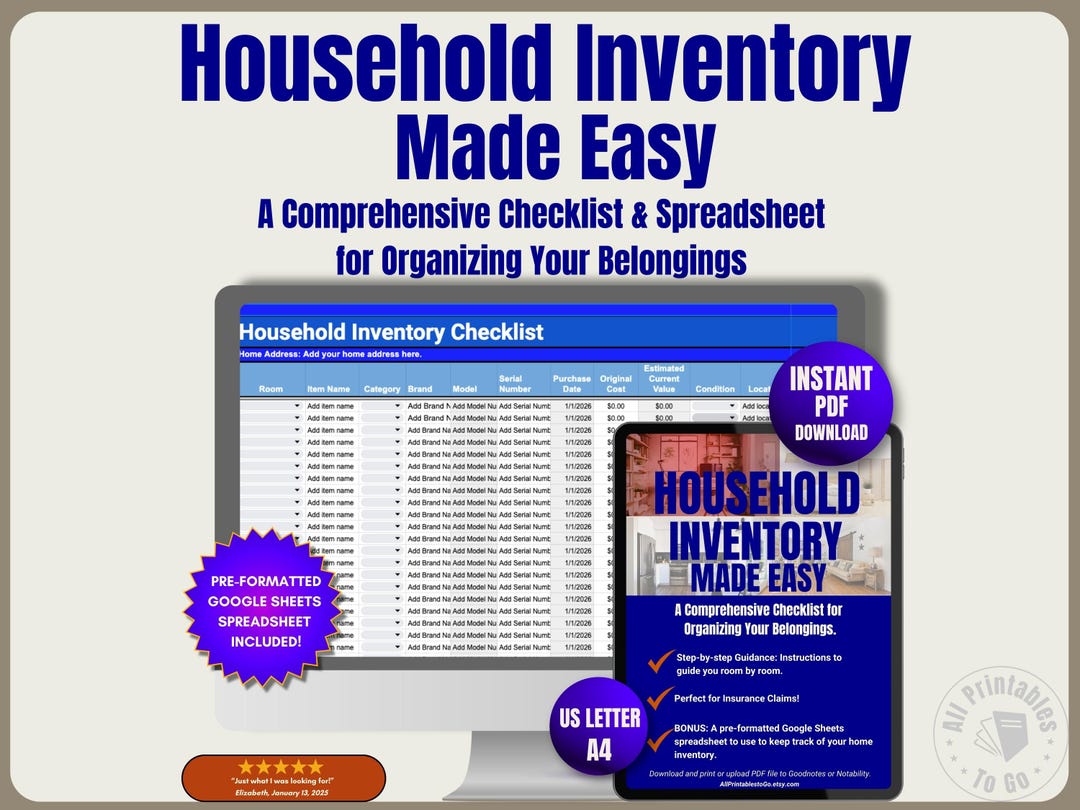 Household Inventory Checklist & Spreadsheet Tracker, Home Inventory ...
