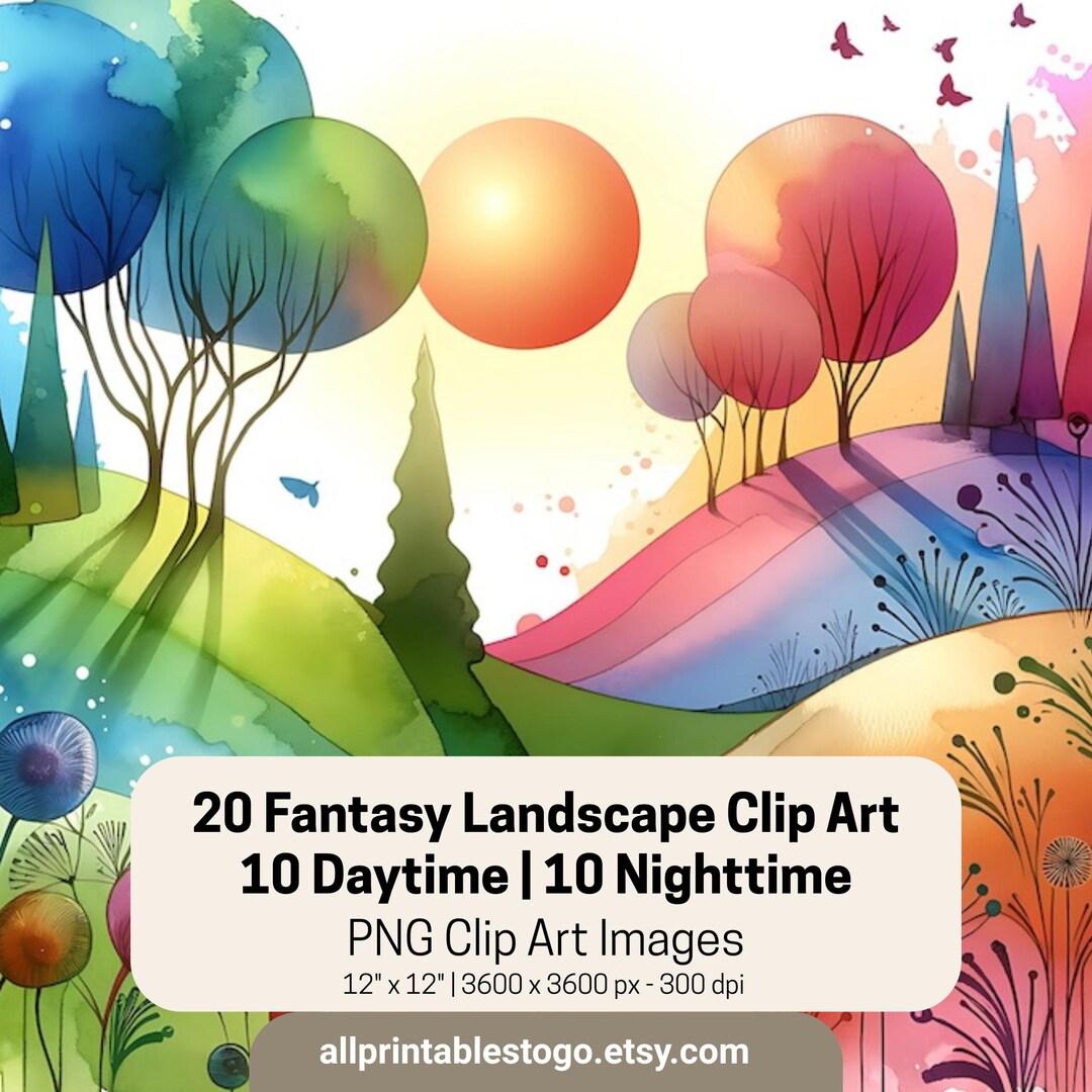 Fantasy Landscape Clip Art – 20 Boho Watercolor Scenes, Day & Night JPG ...