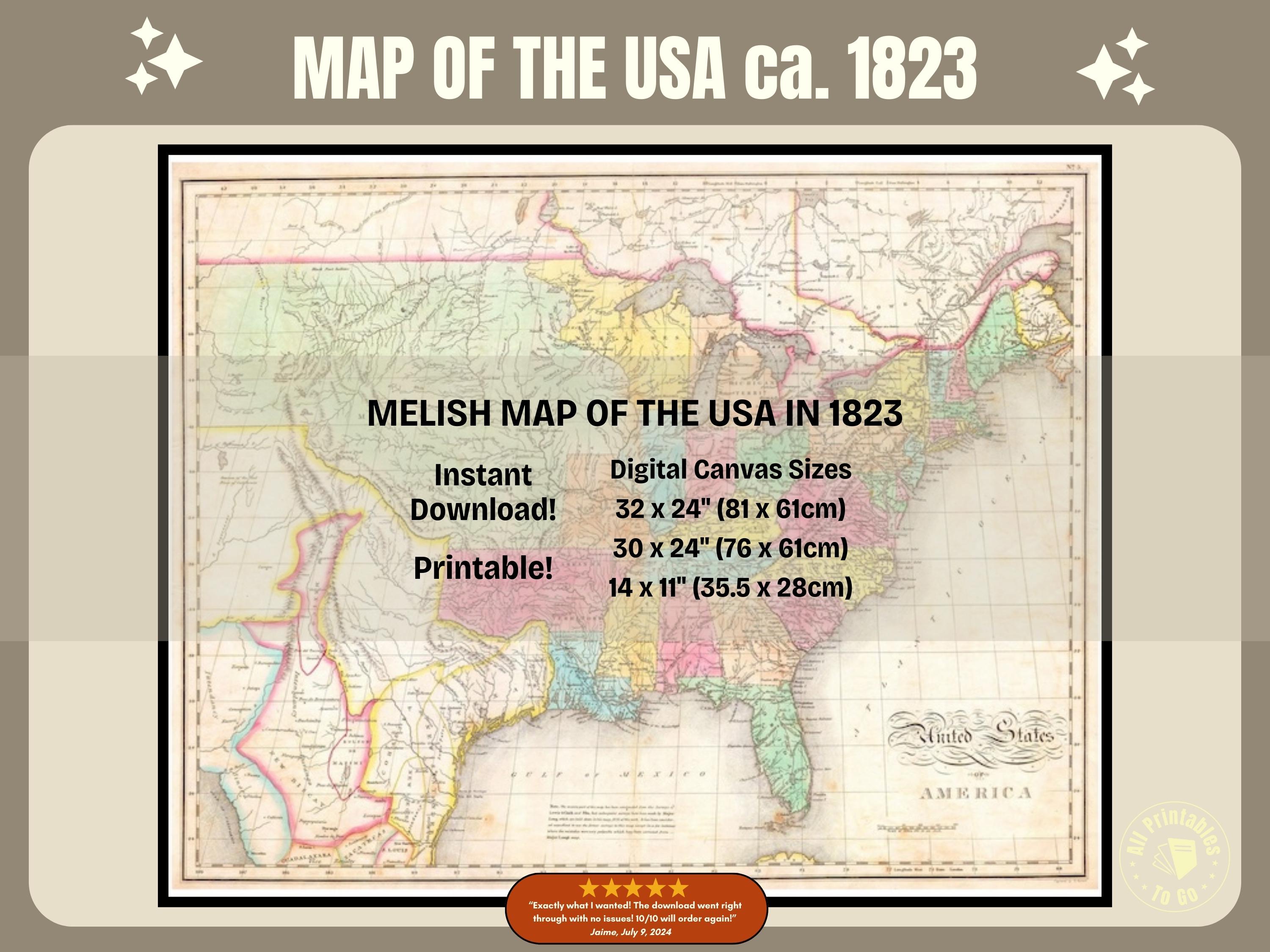 Map of the USA in 1823, Melish USA Map, American History, Historical ...