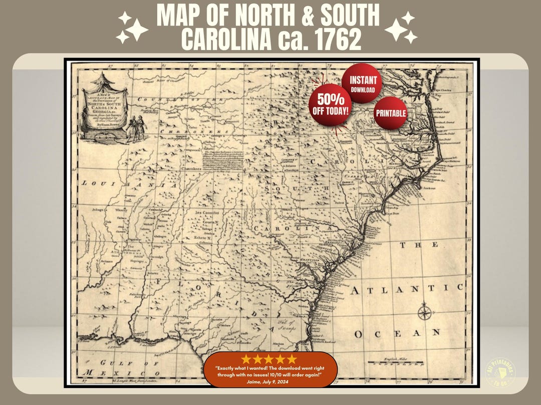 Colonial Digital Map of North & South Carolina (1762) | Printable ...