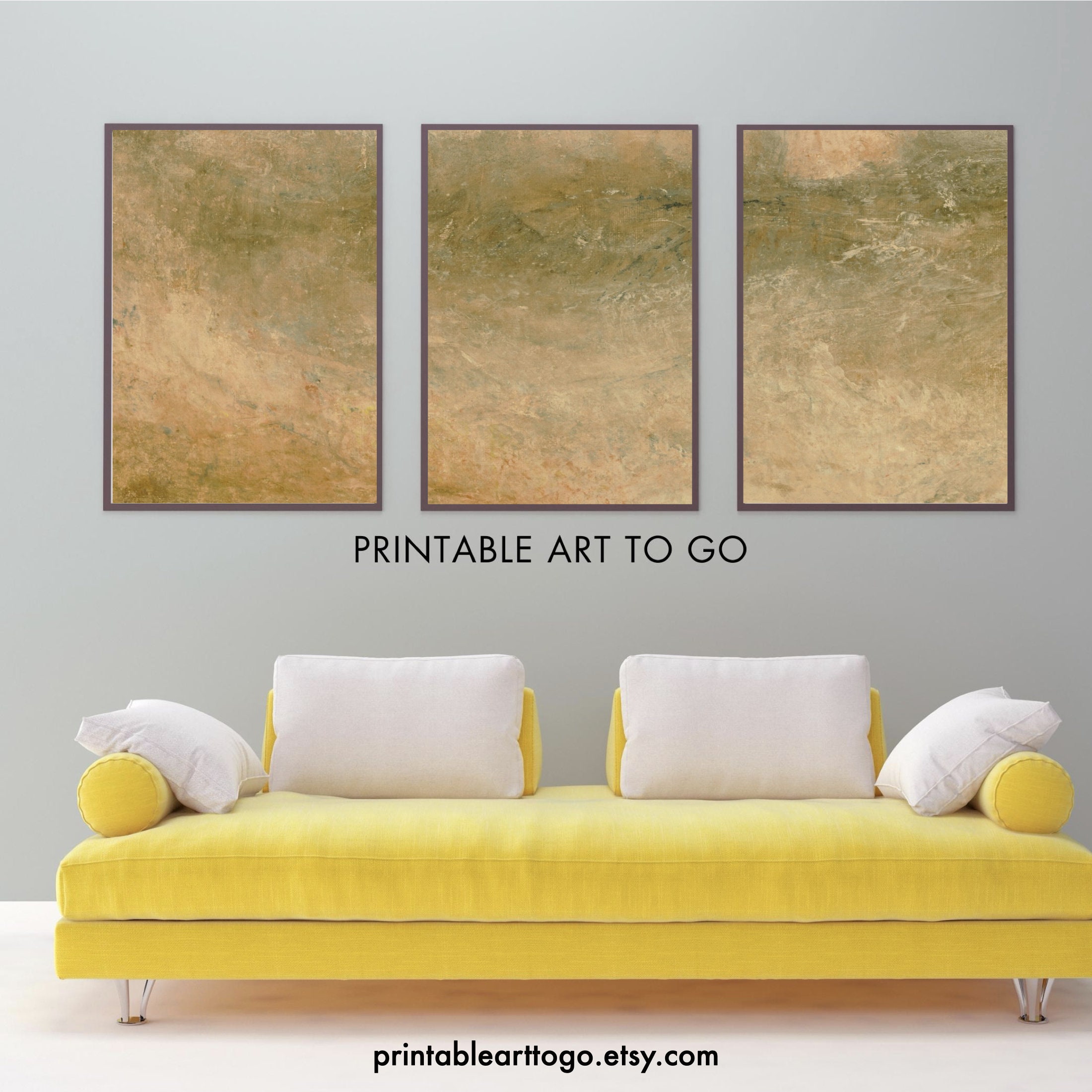 Printable Abstract 3-panel Wall Art Set, Gold Green Panels, Digital ...