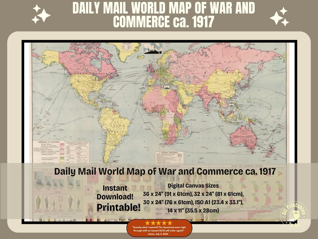 Daily Mail World Map of War and Commerce Ca. 1917, World War I Map ...