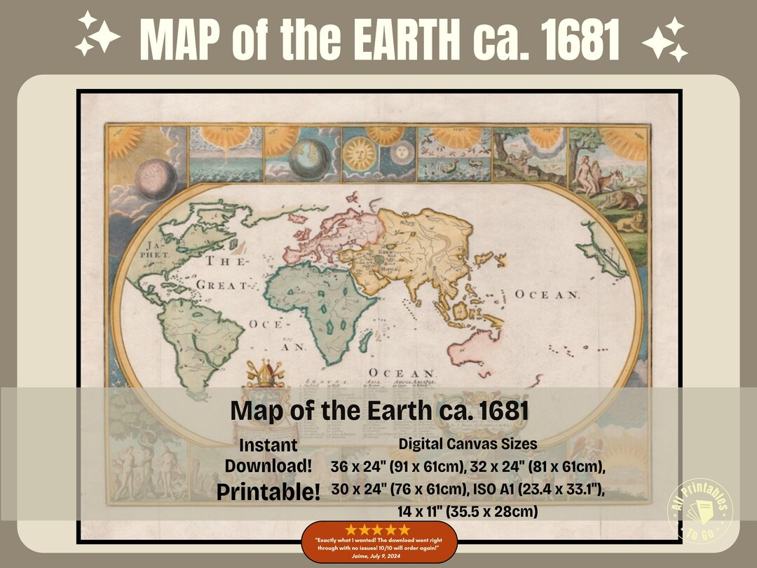 1681 World Map Print: 17th Century Historical Earth Map (digital ...