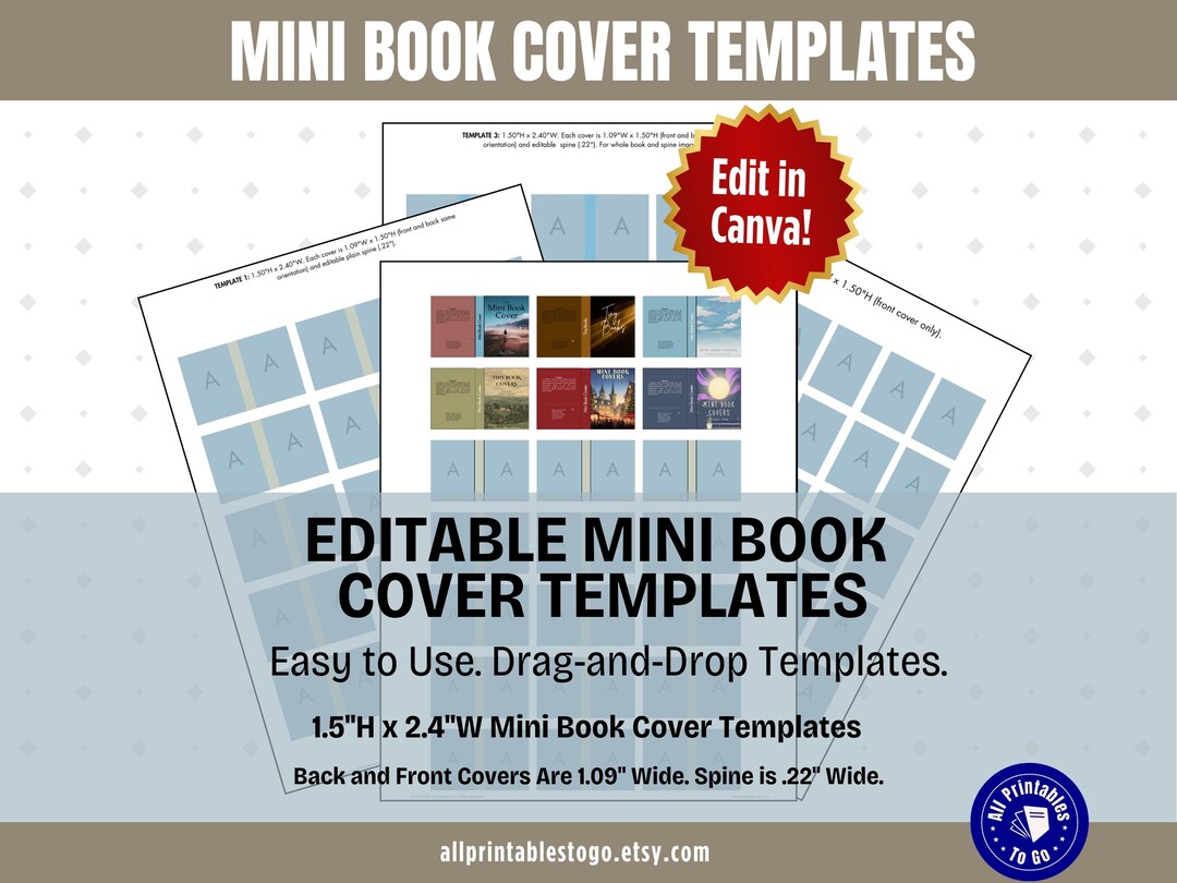 Mini Book Cover Templates (1.50"h X 2.40"h), Canva Editable, DIY Tiny ...