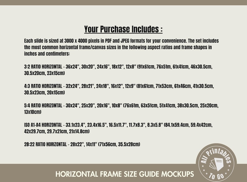 Horizontal Frame Size Guide Mockups: Landscape Art (PDF, PNG, JPEG) - Etsy