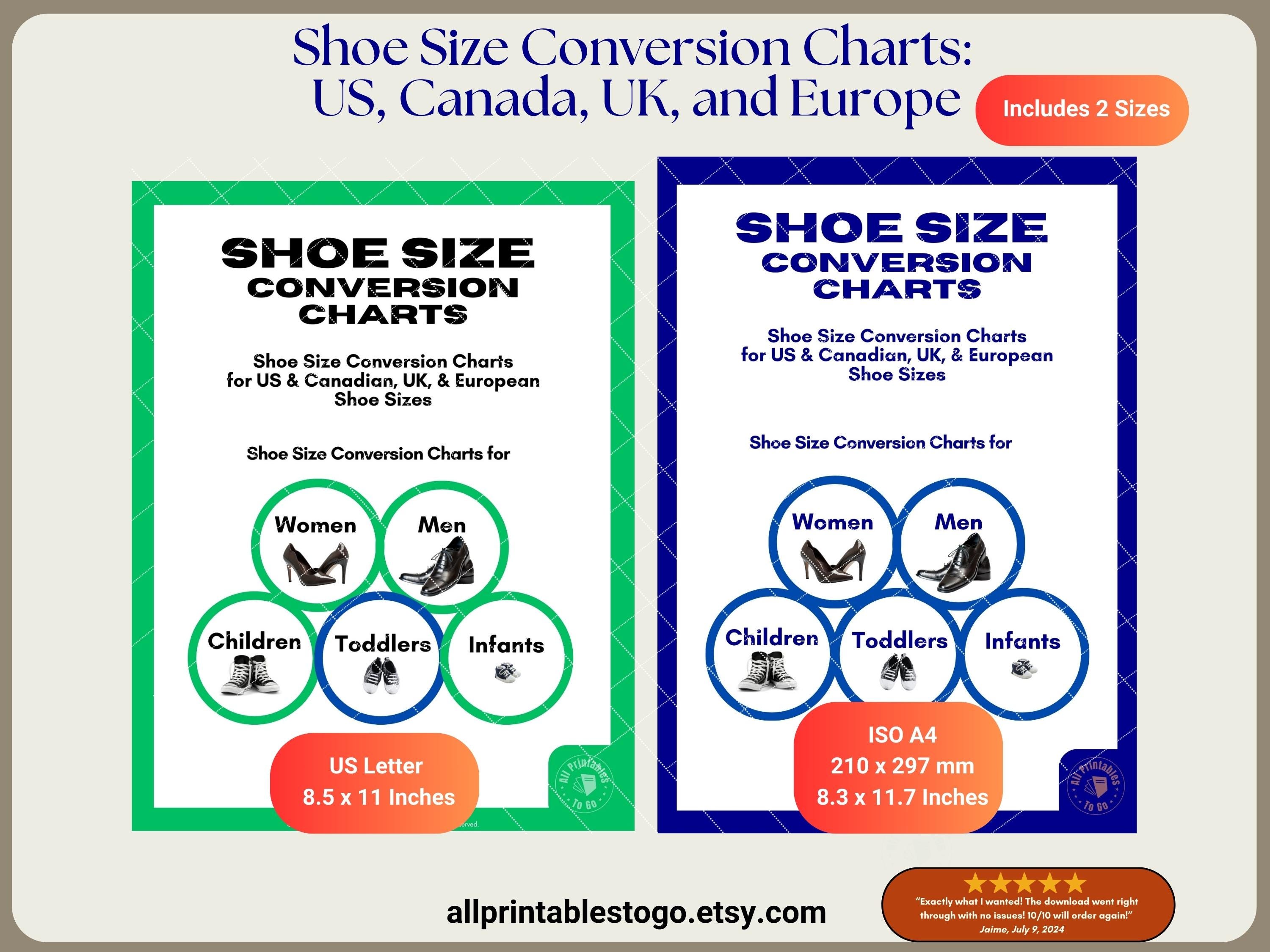 Shoe Size Conversion Chart – US, UK, EU, Canada (pdf) - Etsy