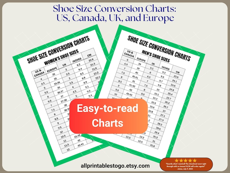 Shoe Size Conversion Chart – US, UK, EU, Canada (pdf) - Etsy