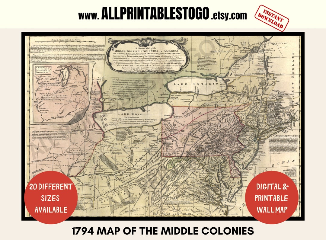 Middle British Colonies Map Ca. 1750: Vintage USA Art (digital Download ...