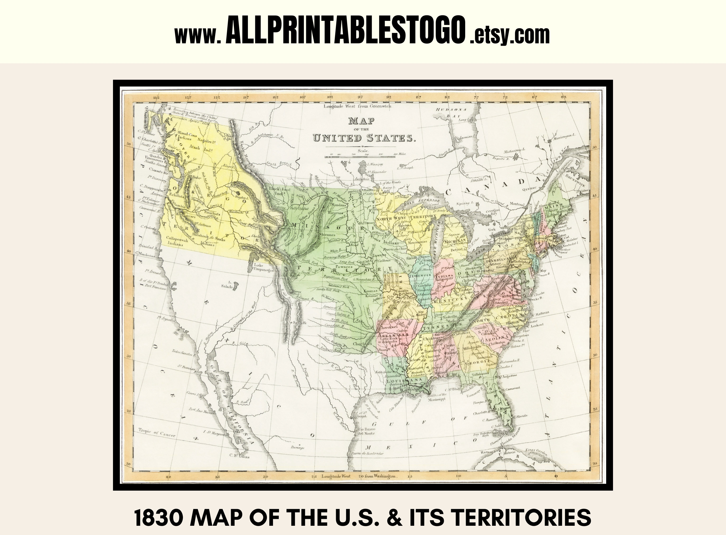 1830s USA Map: Vintage United States Classroom & Office Wall Art ...